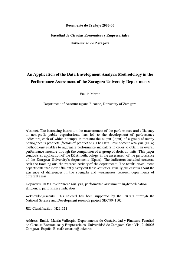 Pdf An Application Of The Data Envelopment Analysis Methodology In The Performance Assessment