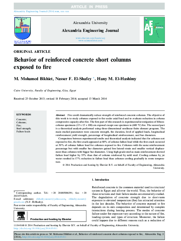 (PDF) Behavior of reinforced concrete short columns exposed to fire