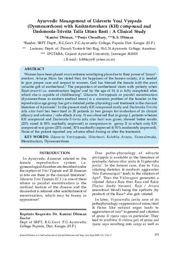 (PDF) Ayurvedic Management of Udavarta Yoni Vyapada (Dysmenorrhoea ...