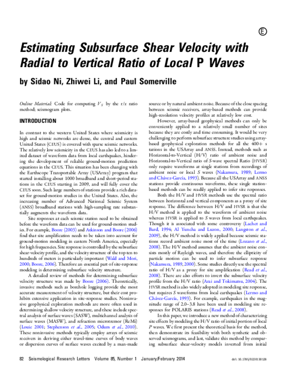 (PDF) Estimating Subsurface Shear Velocity with Radial to Vertical ...