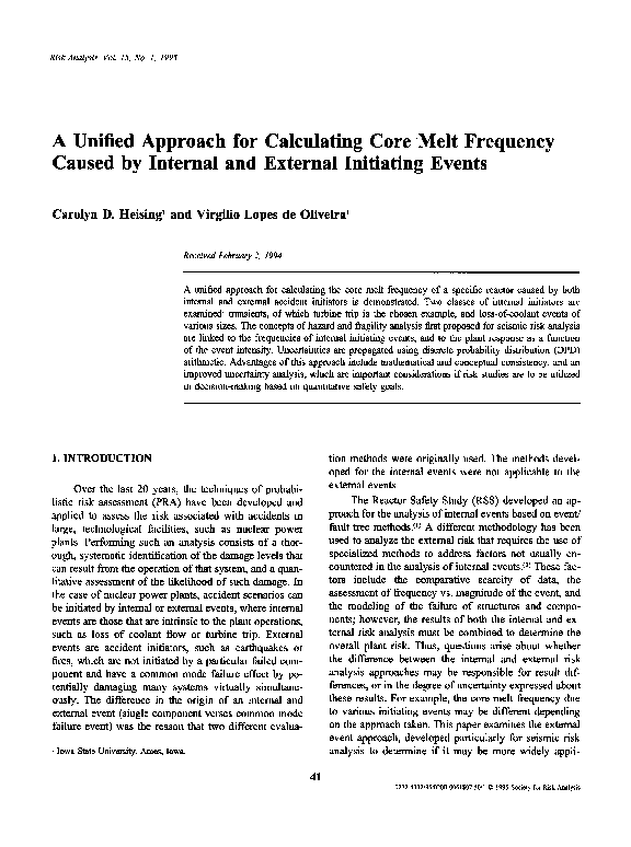 (PDF) A Unified Approach for Calculating Core Melt Frequency Caused by ...