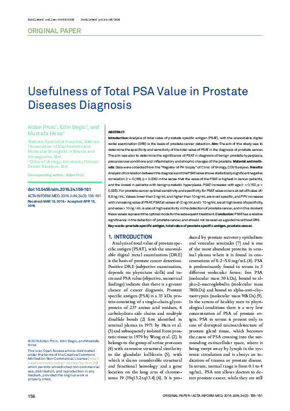 (PDF) Usefulness of Total PSA Value in Prostate Diseases Diagnosis