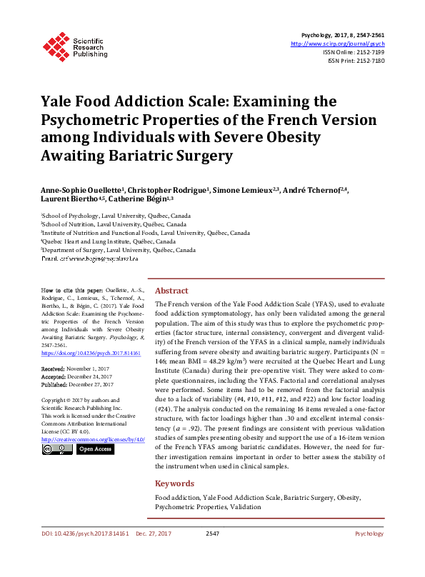 (PDF) Yale Food Addiction Scale: Examining the Psychometric Properties ...