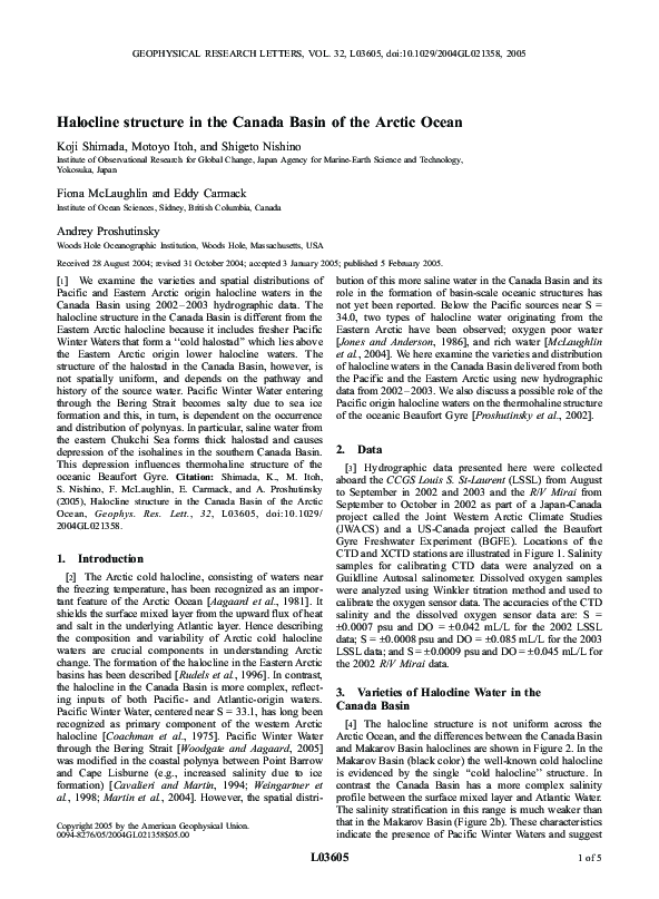 (PDF) Halocline structure in the Canada Basin of the Arctic Ocean