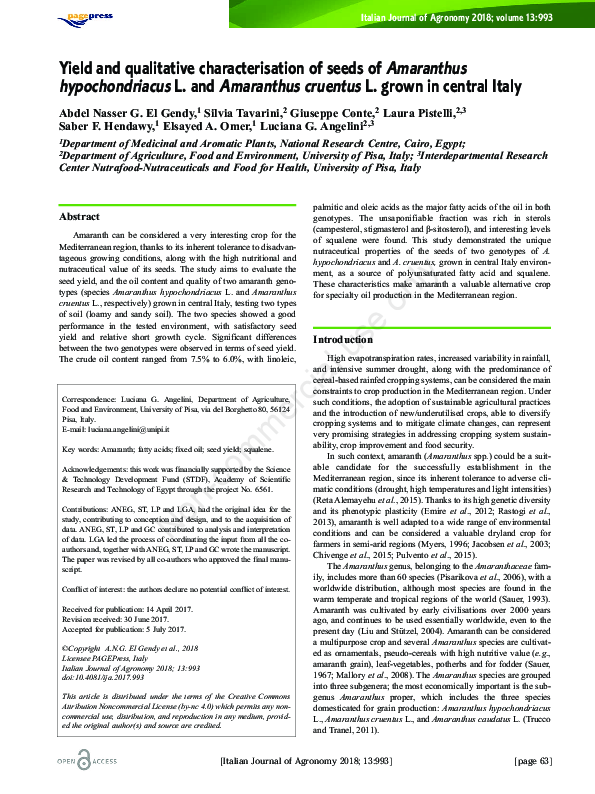 (PDF) Yield and qualitative characterisation of seeds of Amaranthus hypochondriacus L. and ...