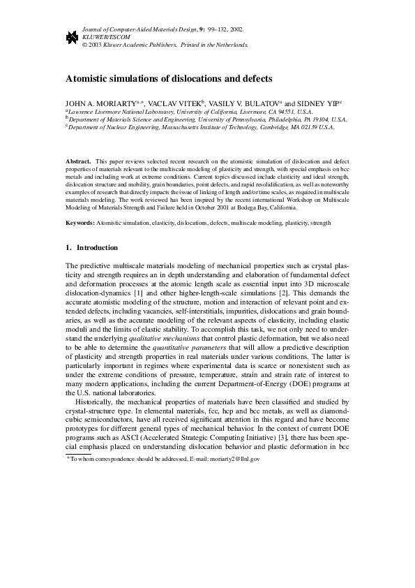 Pdf Atomistic Simulations Of Dislocations And Defects