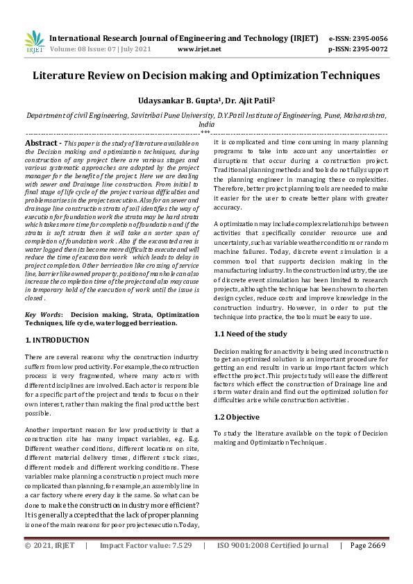 (PDF) Literature Review on Decision making and Optimization Techniques