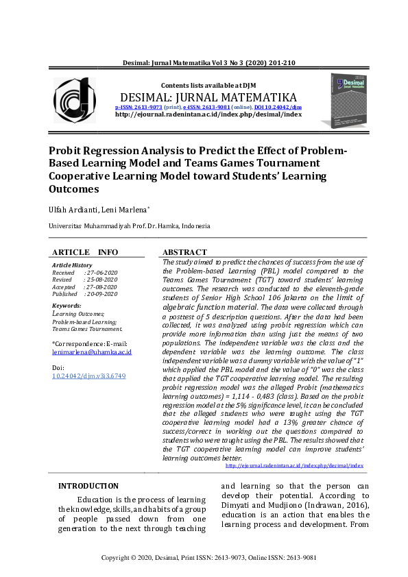 Pdf Probit Regression Analysis To Predict The Effect Of Problem Based