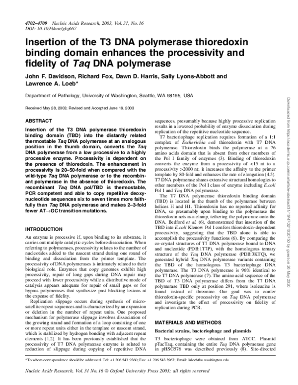 (PDF) Insertion of the T3 DNA polymerase thioredoxin binding domain ...
