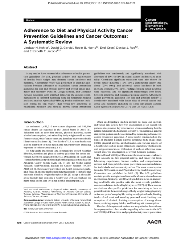 Pdf Adherence To Diet And Physical Activity Cancer Prevention