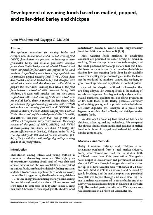 (PDF) Development of Weaning Foods Based on Malted, Popped, and Roller ...