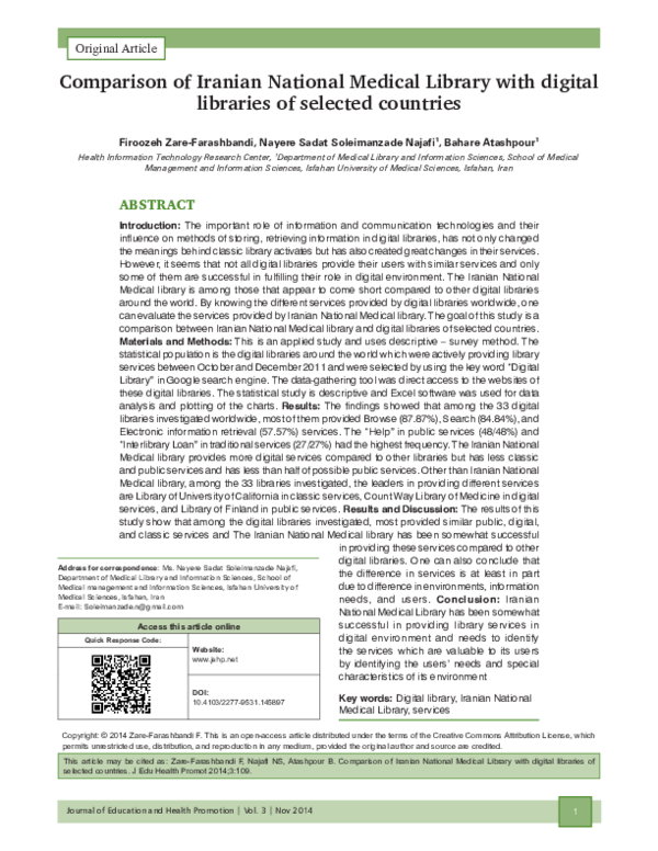 (PDF) Comparison of Iranian National Medical Library with digital ...
