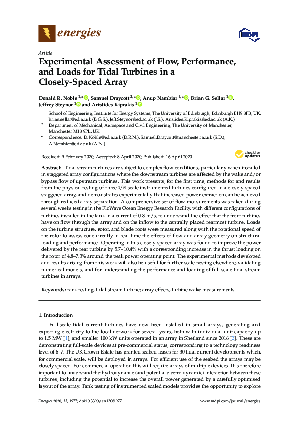 (PDF) Experimental Assessment of Flow, Performance, and Loads for Tidal Turbines in a Closely ...
