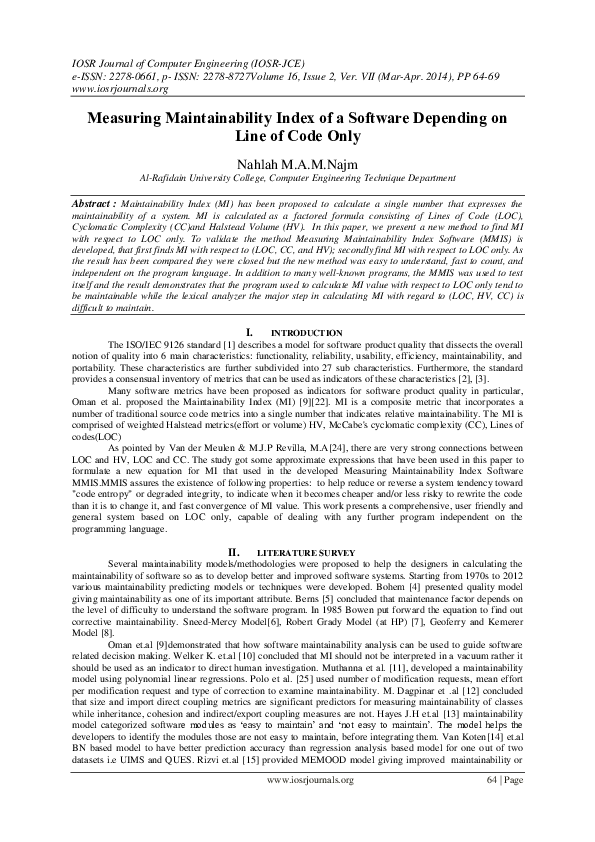 (PDF) Measuring Maintainability Index of a Software Depending on Line of Code Only