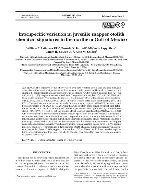 (PDF) Interspecific variation in juvenile snapper otolith chemical signatures in the northern ...