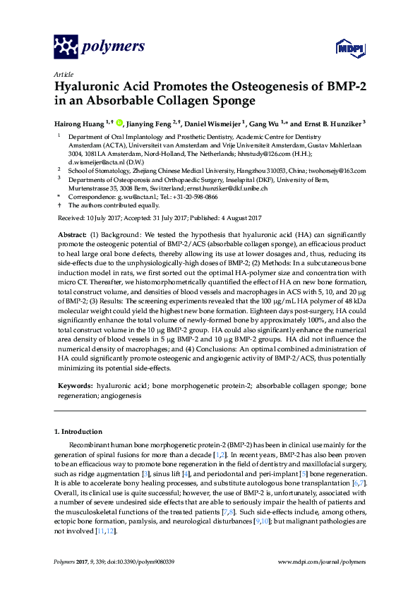 (PDF) Hyaluronic Acid Promotes the Osteogenesis of BMP-2 in an ...