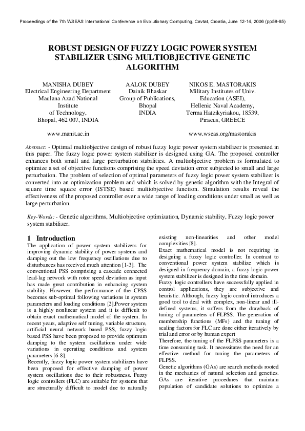 (PDF) Robust design of fuzzy logic power system stabilizer using multiobjective genetic algorithm