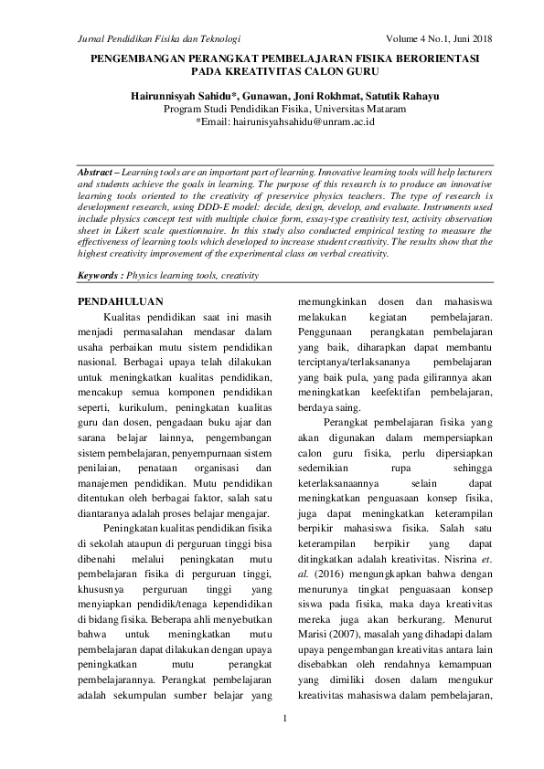 (PDF) Pengembangan Perangkat Pembelajaran Fisika Berorientasi Pada Kreativitas Calon Guru