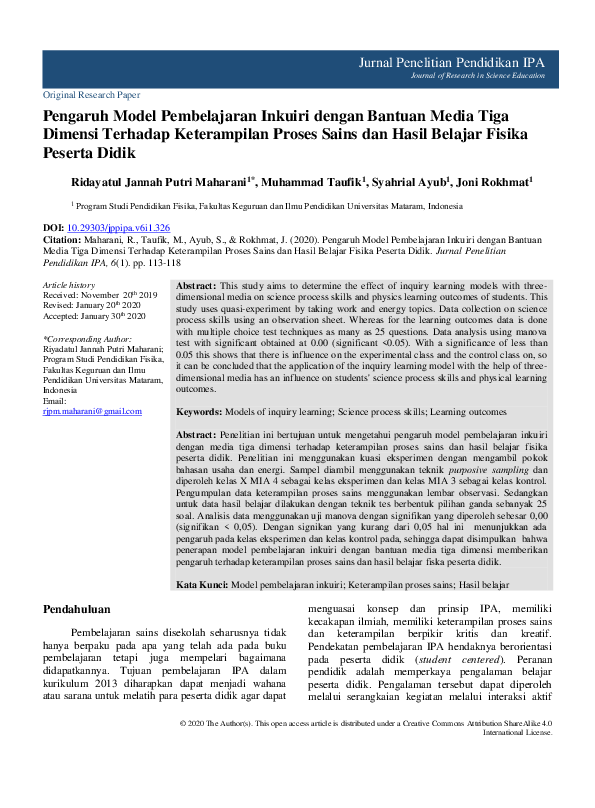(PDF) Pengaruh Model Pembelajaran Inkuiri dengan Bantuan Media Tiga Dimensi Terhadap ...