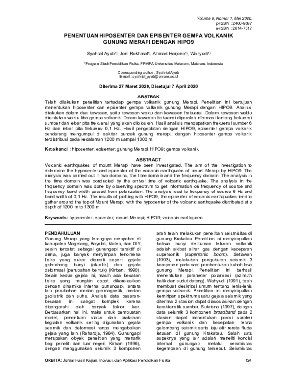 (PDF) Penentuan Hiposenter Dan Episenter Gempa Volkanik Gunung Merapi Dengan HIPO9