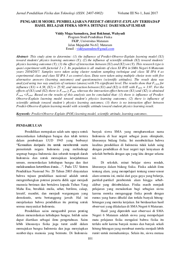 (PDF) Pengaruh Model Pembelajaran Predict-Observe-Explain Terhadap Hasil Belajar Fisika Siswa ...