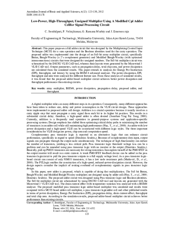 Pdf Low Power High Throughput Unsigned Multiplier Using A Modified Cpl Adder Cell For Signal