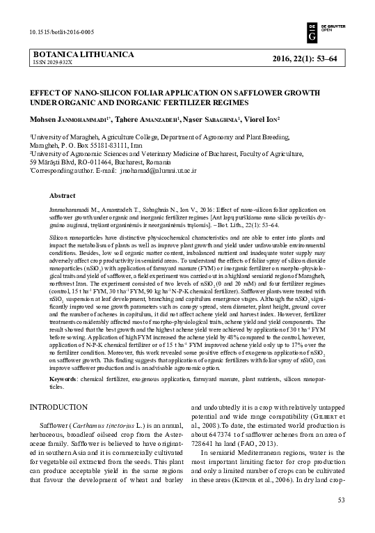 Pdf Effect Of Nano Silicon Foliar Application On Safflower Growth