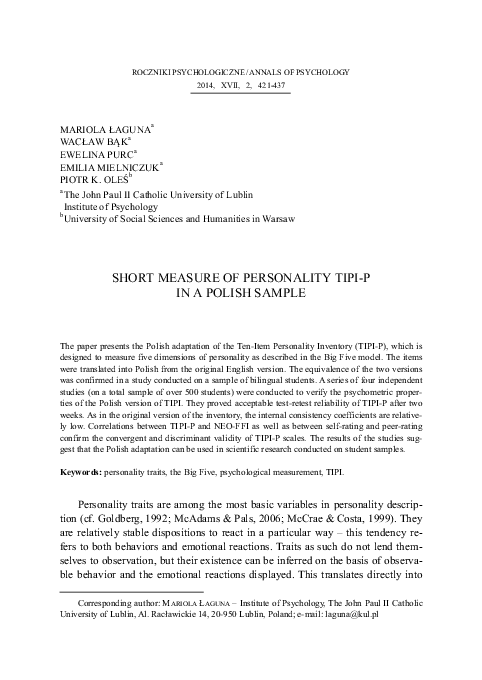 (PDF) Short measure of personality TIPI-P in a Polish sample