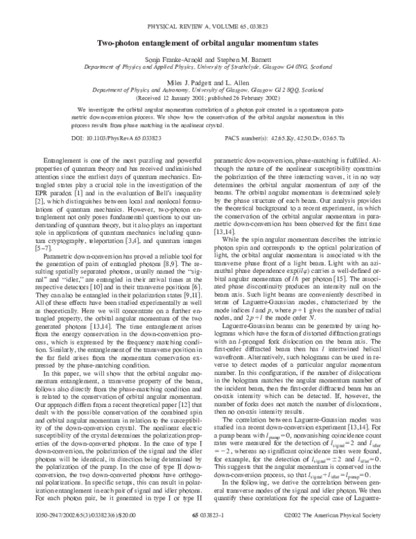 Pdf Two Photon Entanglement Of Orbital Angular Momentum States