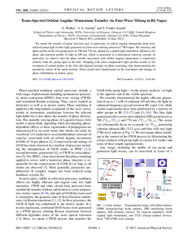 Pdf Trans Spectral Orbital Angular Momentum Transfer Via Four Wave