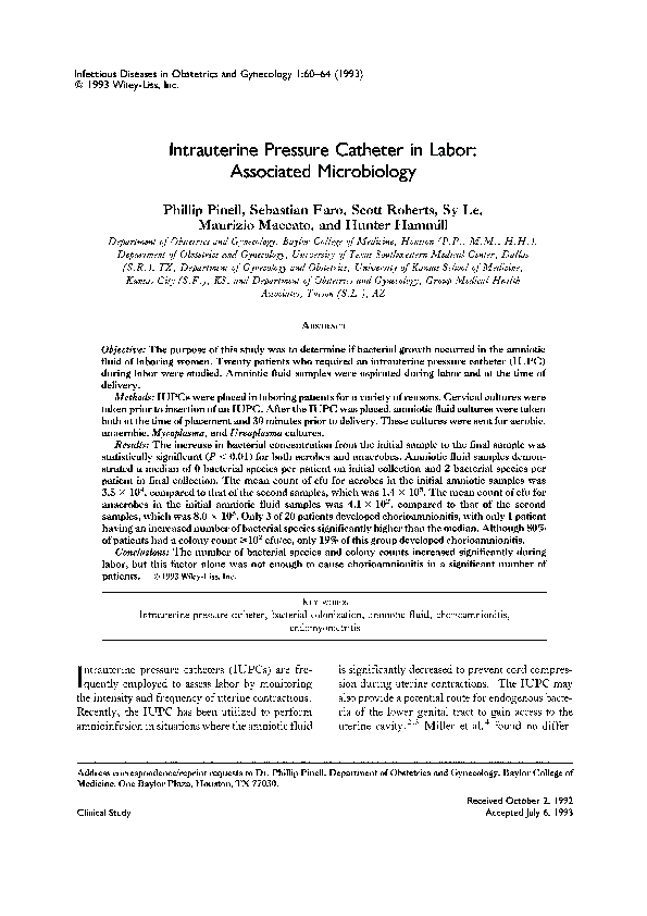 (PDF) Intrauterine Pressure Catheter in Labor: Associated Microbiology