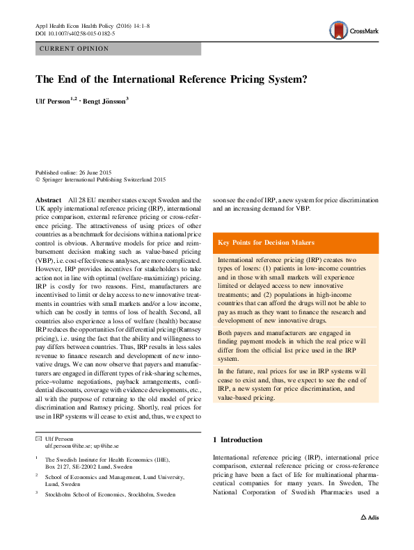 (PDF) The End of the International Reference Pricing System?