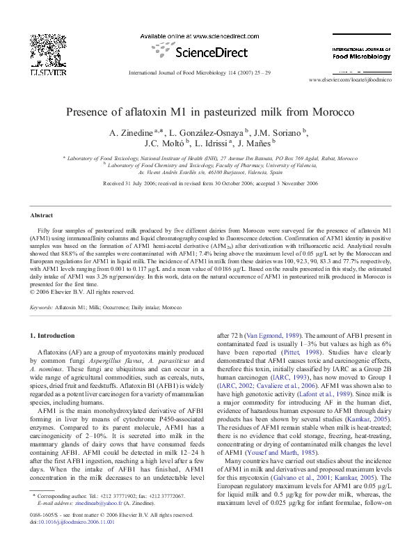 Pdf Presence Of Aflatoxin M1 In Pasteurized Milk From Morocco