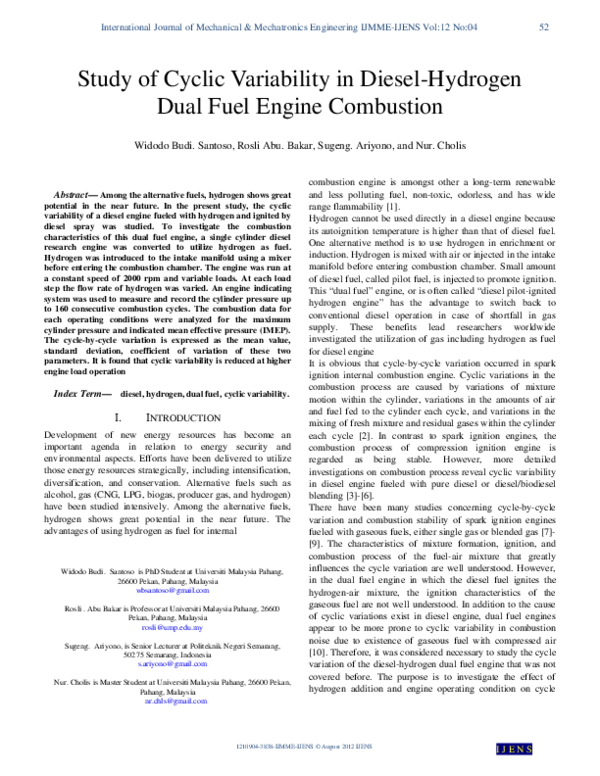 (PDF) Study of Cyclic Variability in Diesel-Hydrogen Dual Fuel Engine ...