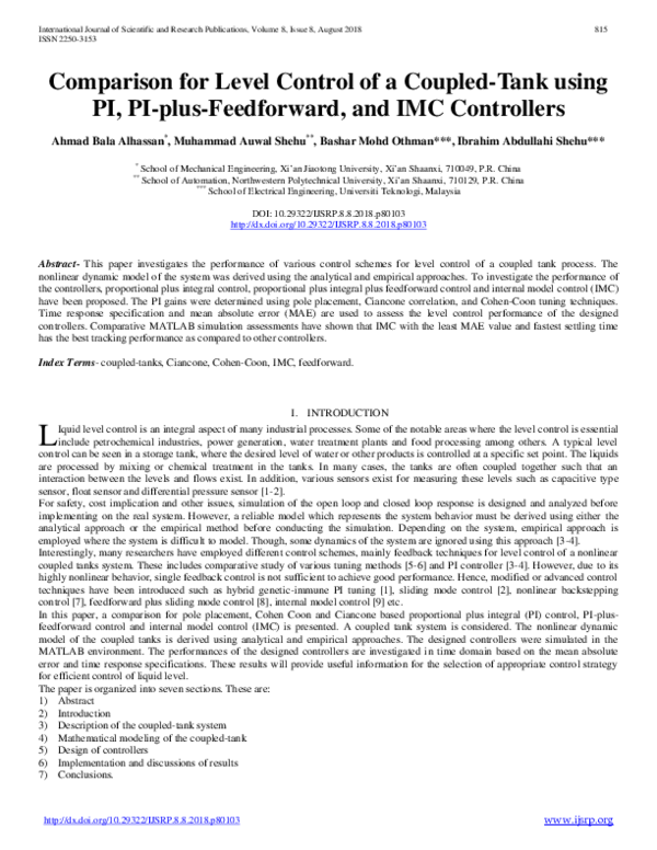 (PDF) Comparison for Level Control of a Coupled-Tank using PI, PI-plus ...