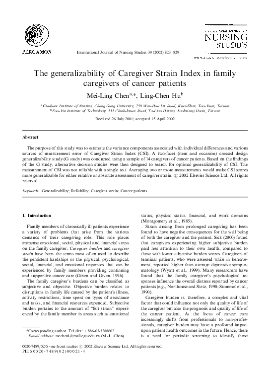 (PDF) The generalizability of Caregiver Strain Index in family ...