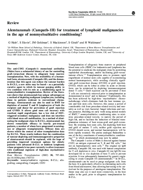 (PDF) Alemtuzumab (Campath-1H) for treatment of lymphoid malignancies ...
