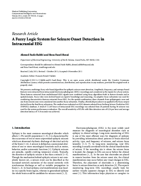 Pdf Fuzzy Logic For Intracranial Eeg Seizure Detection