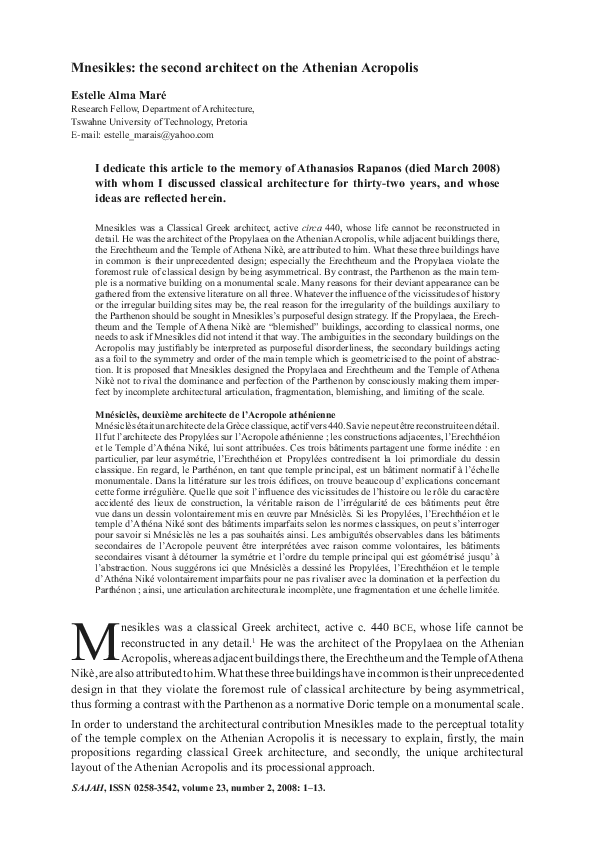 (PDF) Mnesikles : the second architect on the Athenian Acropolis