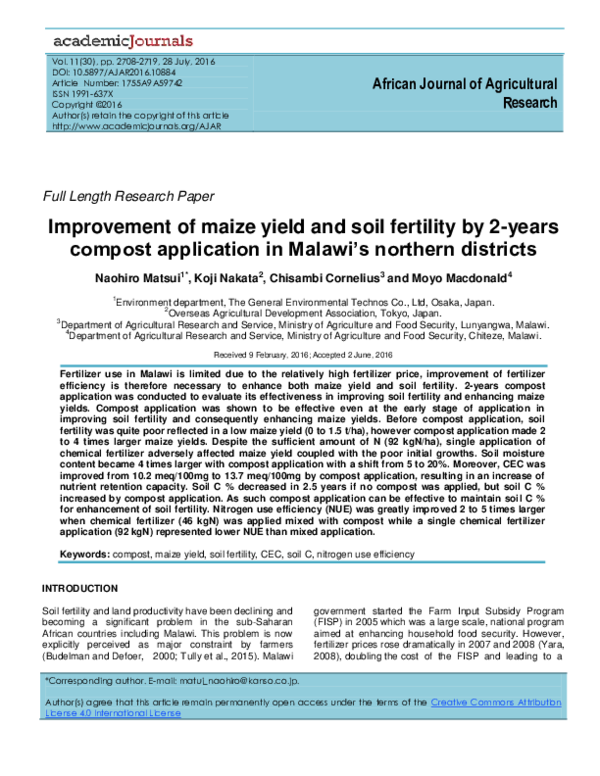 (PDF) Improvement of maize yield and soil fertility by 2-years compost application in Malawis ...