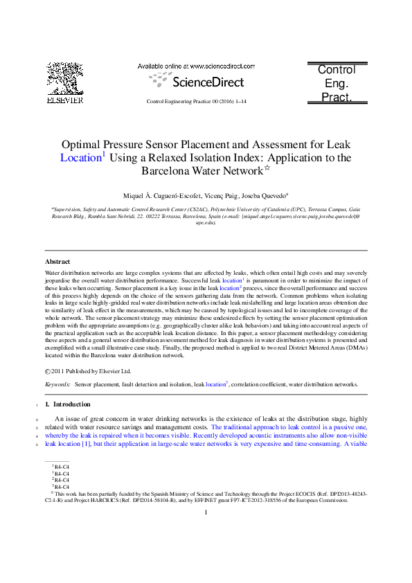 Pdf Optimal Pressure Sensor Placement And Assessment For Leak Location Using A Relaxed