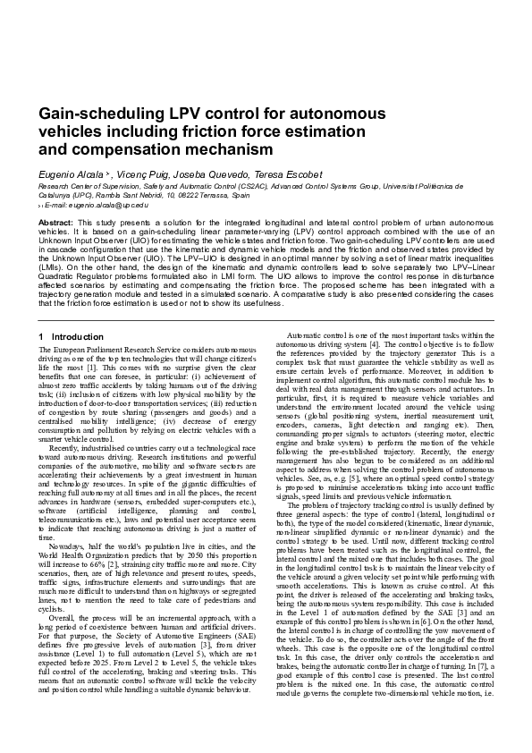 (PDF) Gain-scheduling LPV control for autonomous vehicles including friction force estimation ...