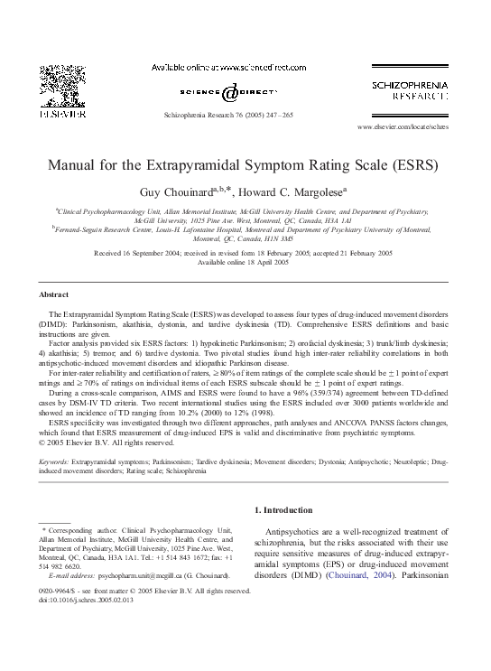 (PDF) Manual for the Extrapyramidal Symptom Rating Scale (ESRS)