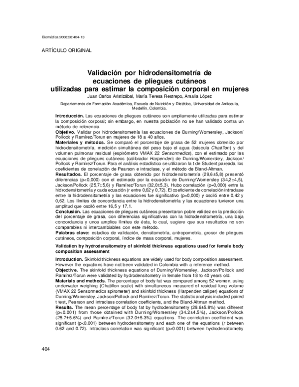 (PDF) [Validation by hydrodensitometry of skinfold thickness equations ...