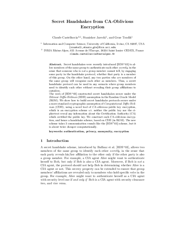 (PDF) Secret Handshakes from CA-Oblivious Encryption