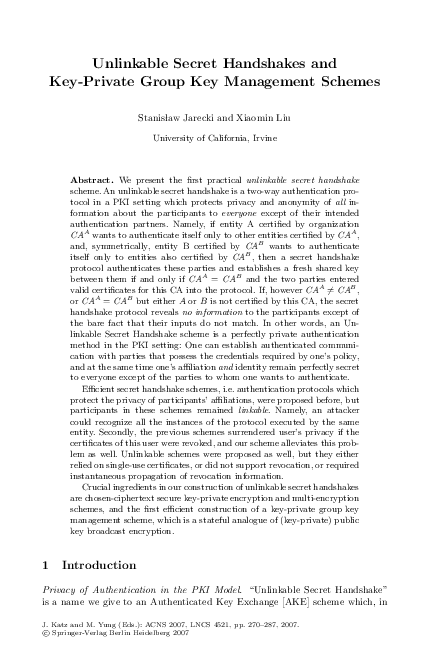 (PDF) Unlinkable Secret Handshakes and Key-Private Group Key Management ...