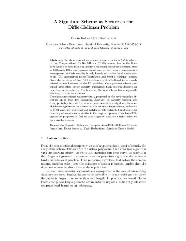 (PDF) A Signature Scheme as Secure as the Diffie-Hellman Problem