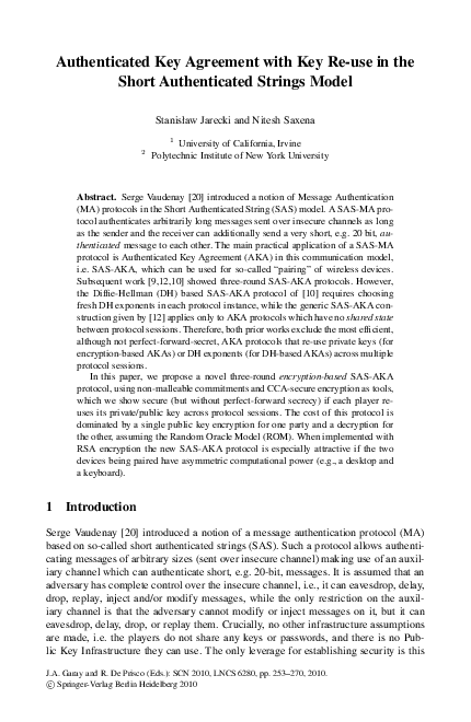 (PDF) Authenticated Key Agreement with Key Re-use in the Short Authenticated Strings Model