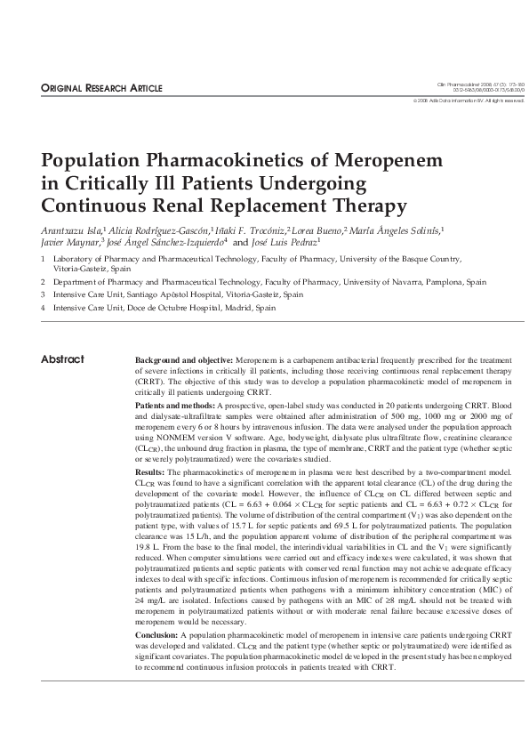 (PDF) Population Pharmacokinetics of Meropenem in Critically Ill ...