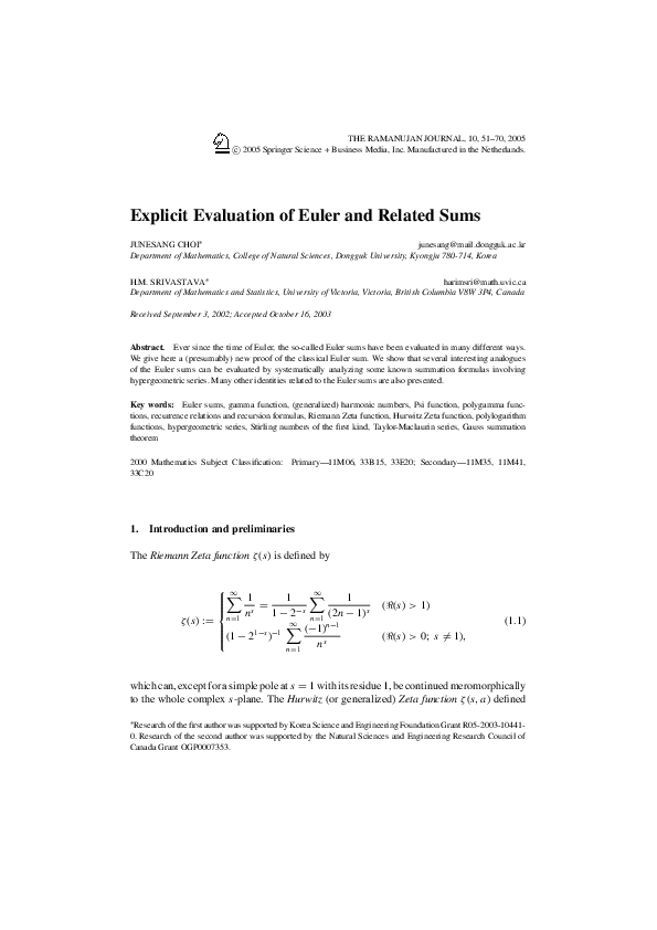 Pdf Explicit Evaluation Of Euler And Related Sums